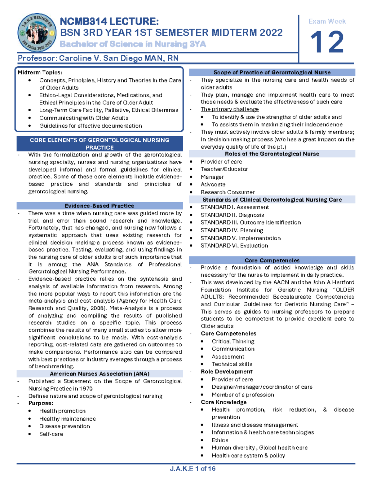 NCMB314 LEC: BSN 3RD YEAR 1ST SEMESTER MIDTERM 2022 - Care of Older ...