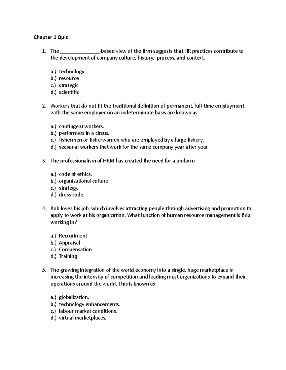 MGT2381 Human Resources Management Chapter 1 Quiz & Answers Key - Studocu