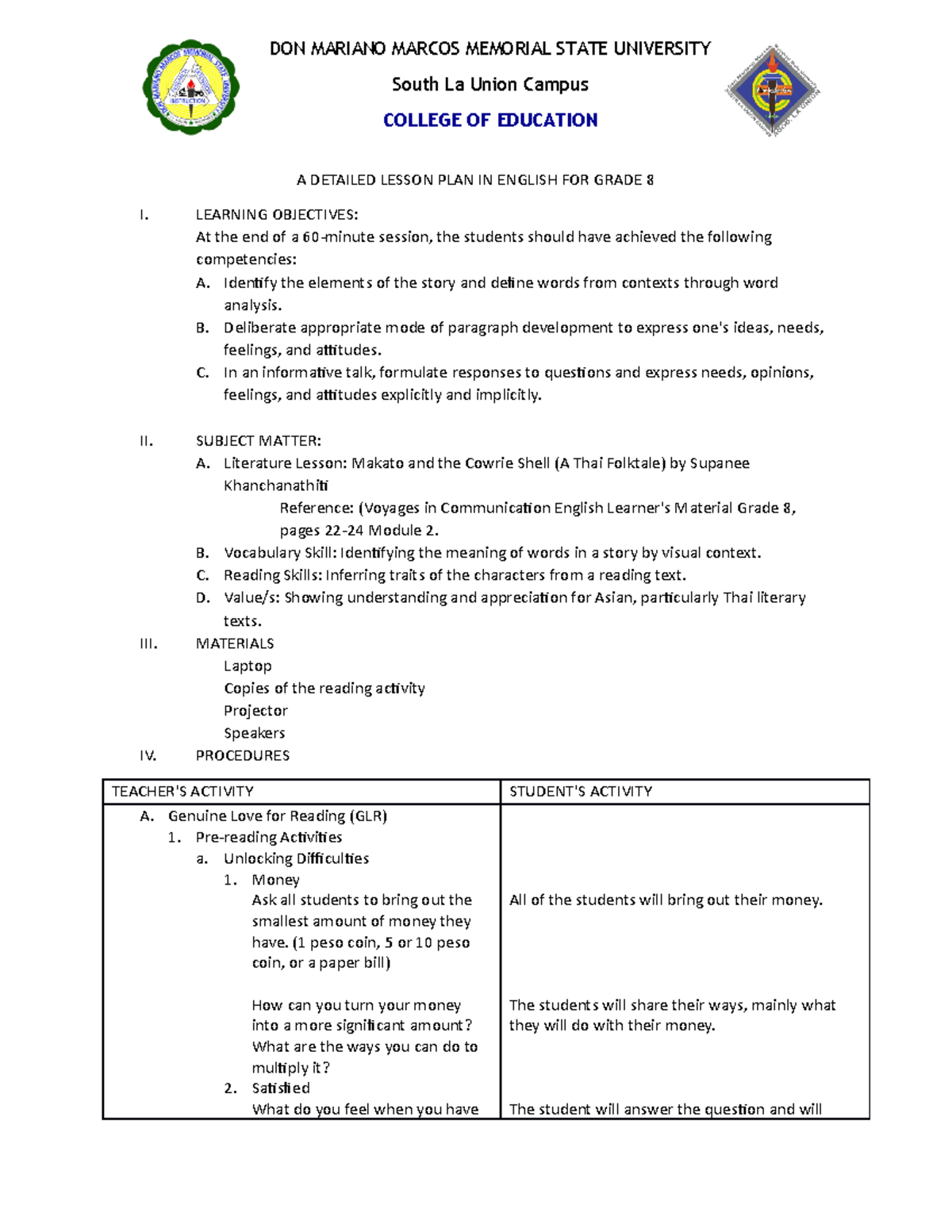 Grade 8 English Lesson Plan: Makato and the Cowrie Shell Details - Studocu