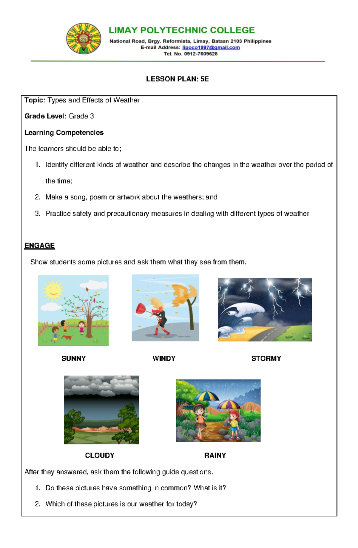 5E Lesson Plan: Types & Effects of Weather for Grade 3 - Studocu
