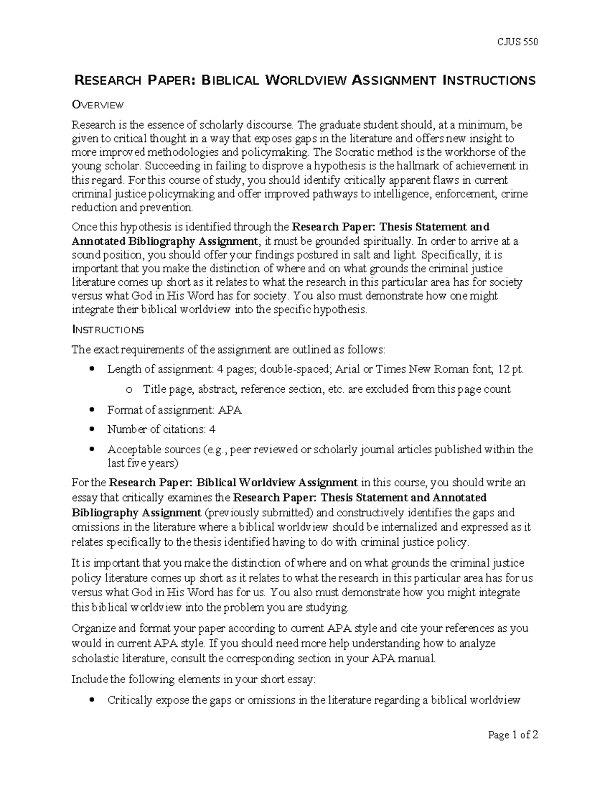 CJUS 550 Research Paper: Integrating Biblical Worldview in Criminal Justice - Studocu