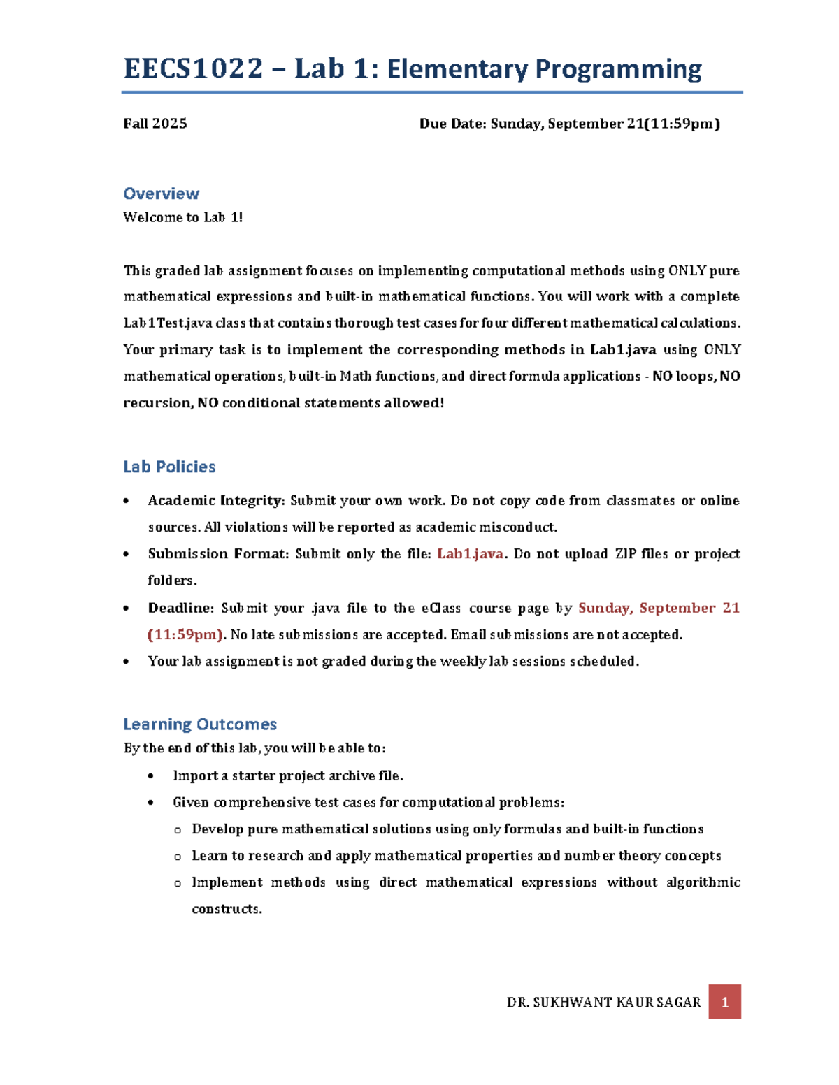 EECS1022 Lab 1: Pure Math Programming Assignment Fall 2025 - Studocu