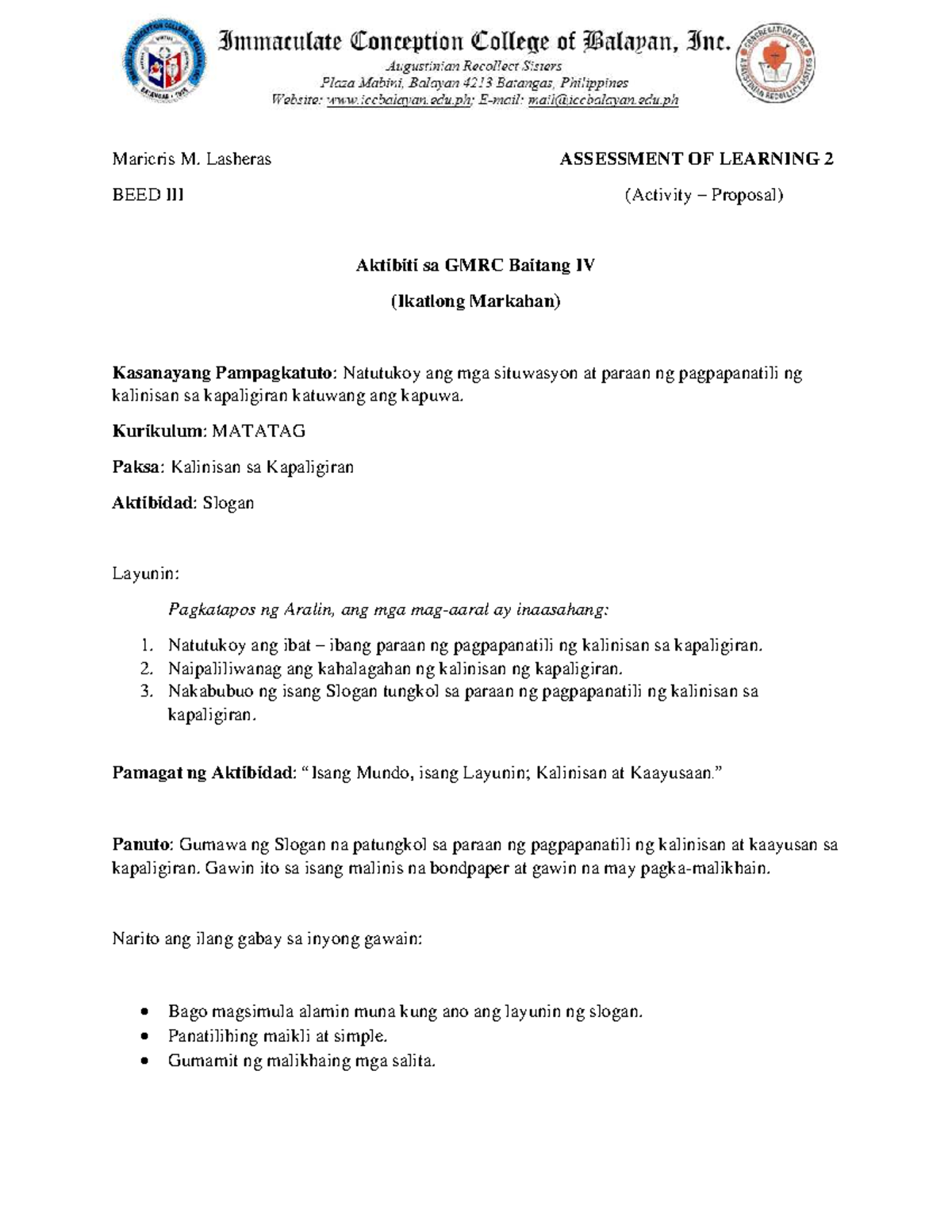 Activity Proposal: Slogan on Environmental Cleanliness (BEED) - Studocu