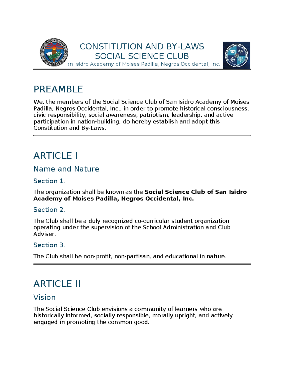 Constitution and By-Laws of the Social Science Club (SSC) SY 2026-2027 ...