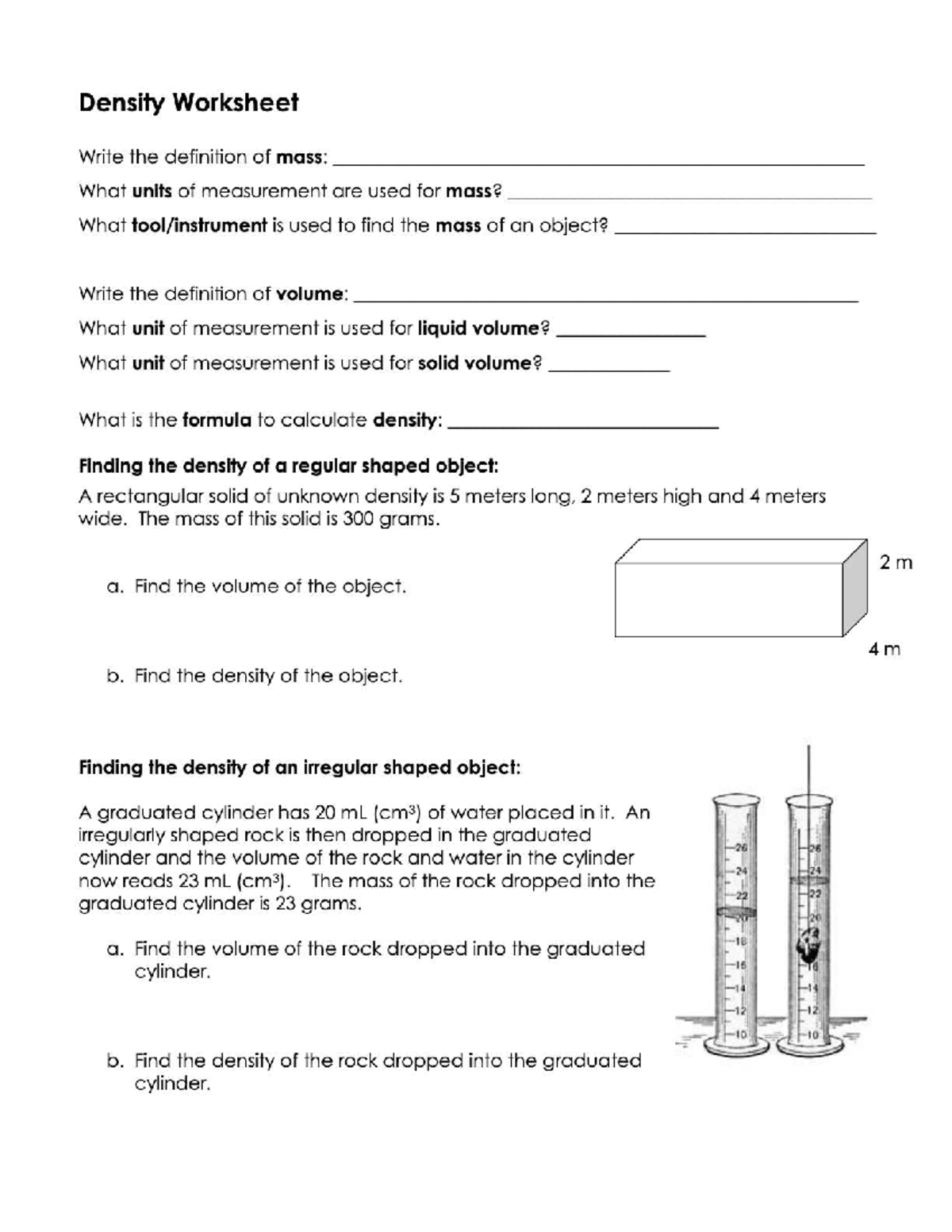 Density Worksheet: Mass, Volume, and Density Calculations - Studocu