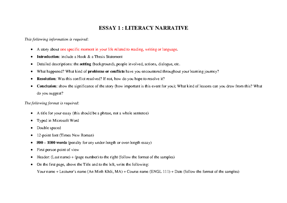 ENGL Essay 1: Crafting Your Literacy Narrative - Studocu