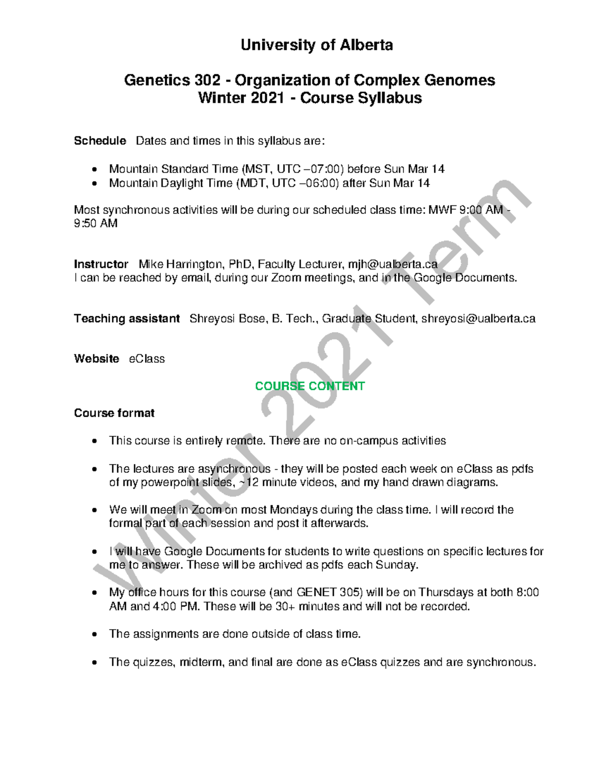 Genetics 302 Winter 2021 Course Syllabus and Schedule Overview - Studocu