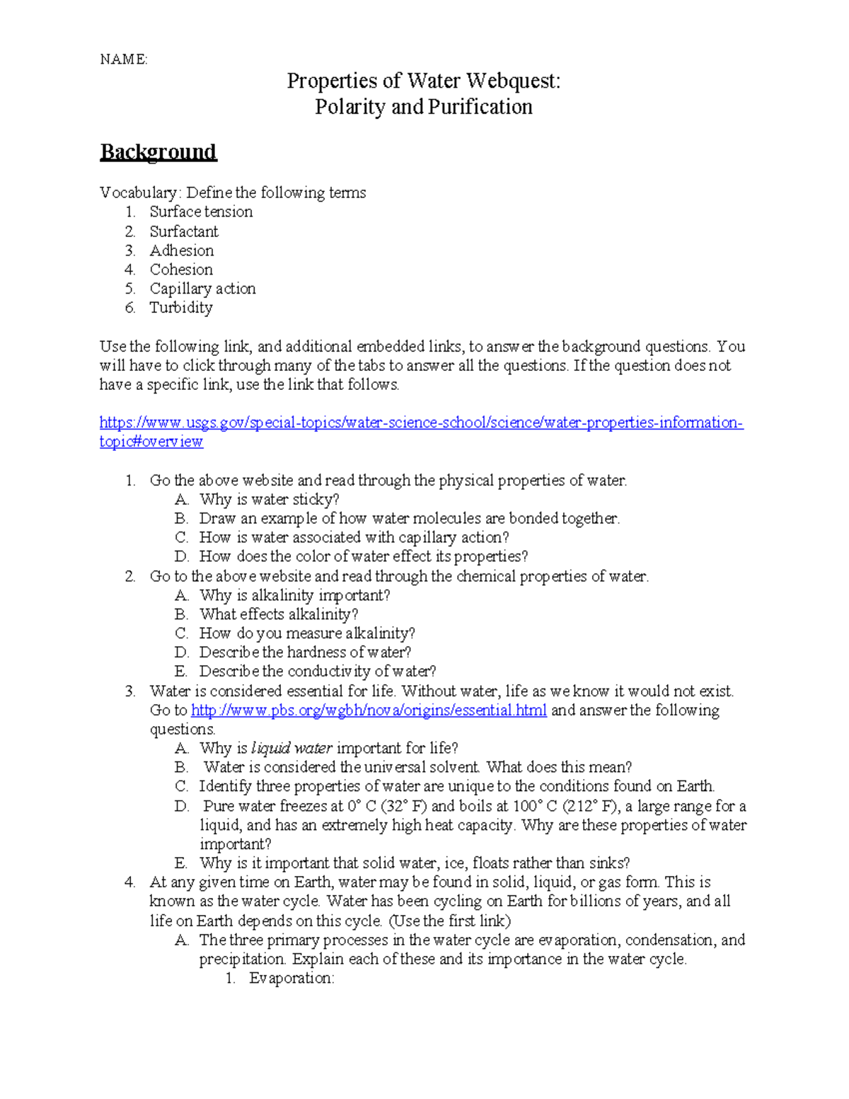 Properties of Water Webquest: Polarity & Purification Study Guide - Studocu