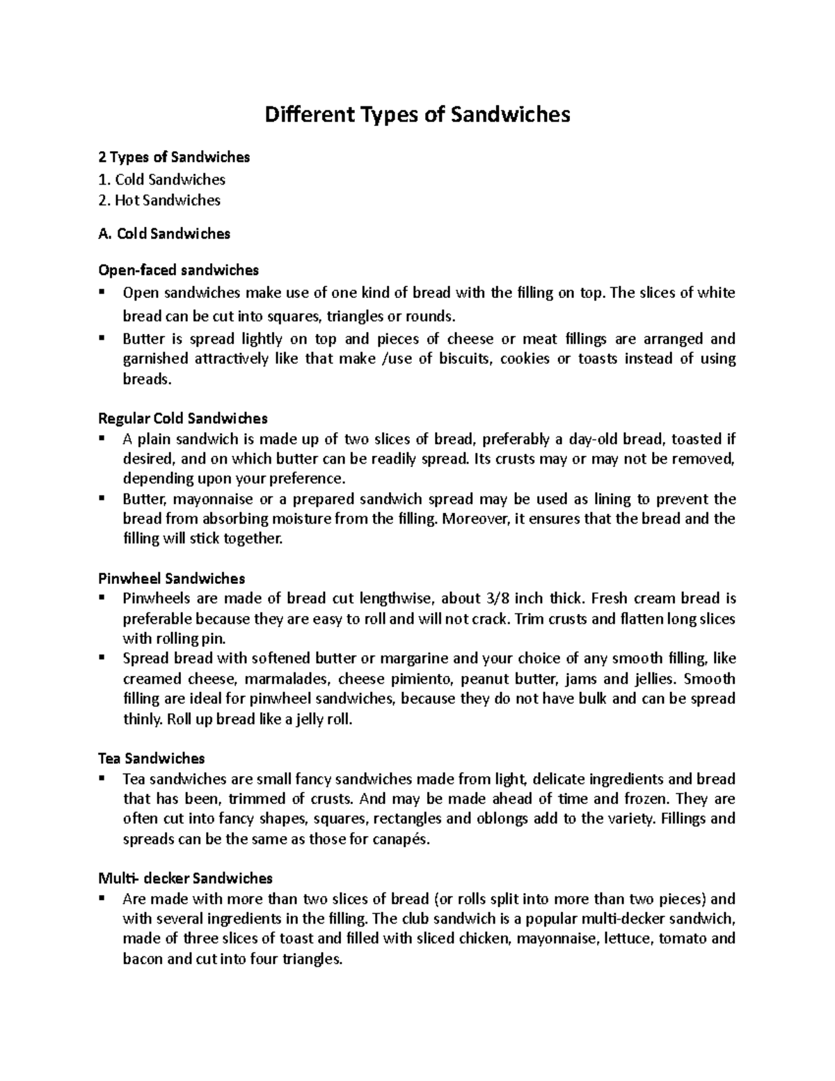 Different Types of Sandwiches: Cold & Hot Varieties Explained - Studocu