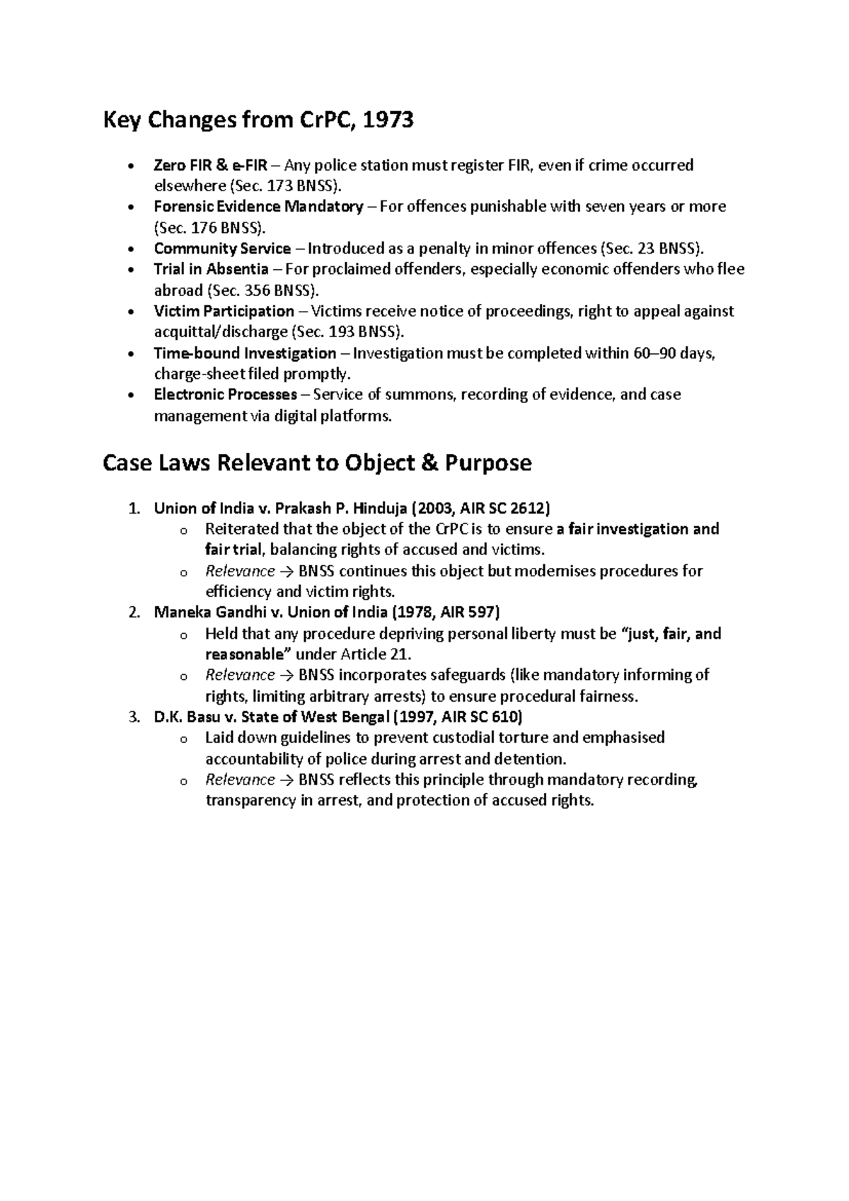 Key Changes in CrPC 1973 to BNSS: A Comprehensive Overview - Studocu