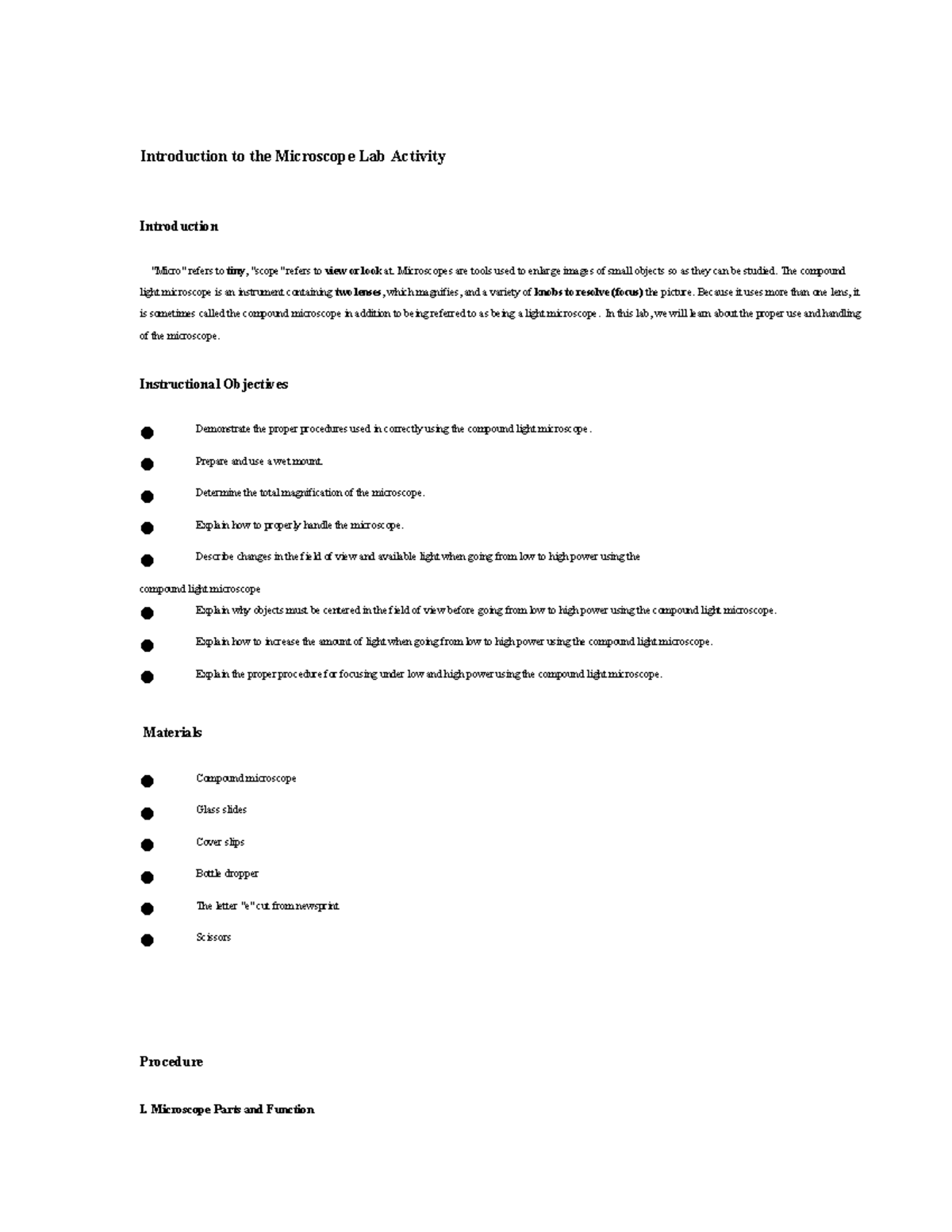 Introduction to the Light Microscope Lab Activity rev - Introduction to ...
