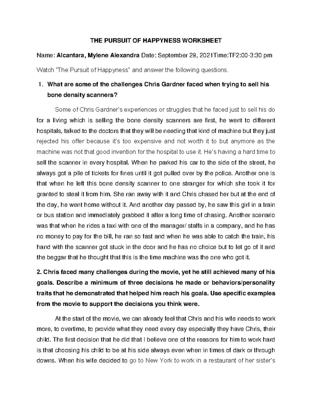 The Pursuit of Happyness Worksheet with Answer and Reflection about the ...