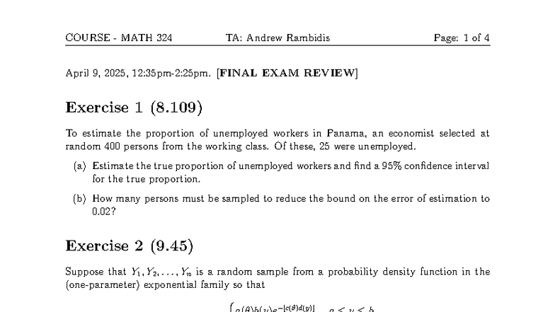 MATH 324 Final Exam Review Tutorial - Key Concepts and Exercises - Studocu