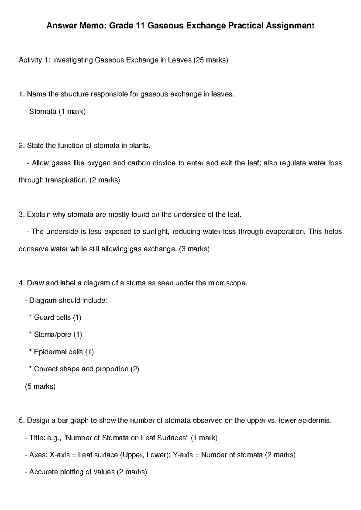 Grade 11 Gaseous Exchange Practical Assignment Answer Memo - Studocu