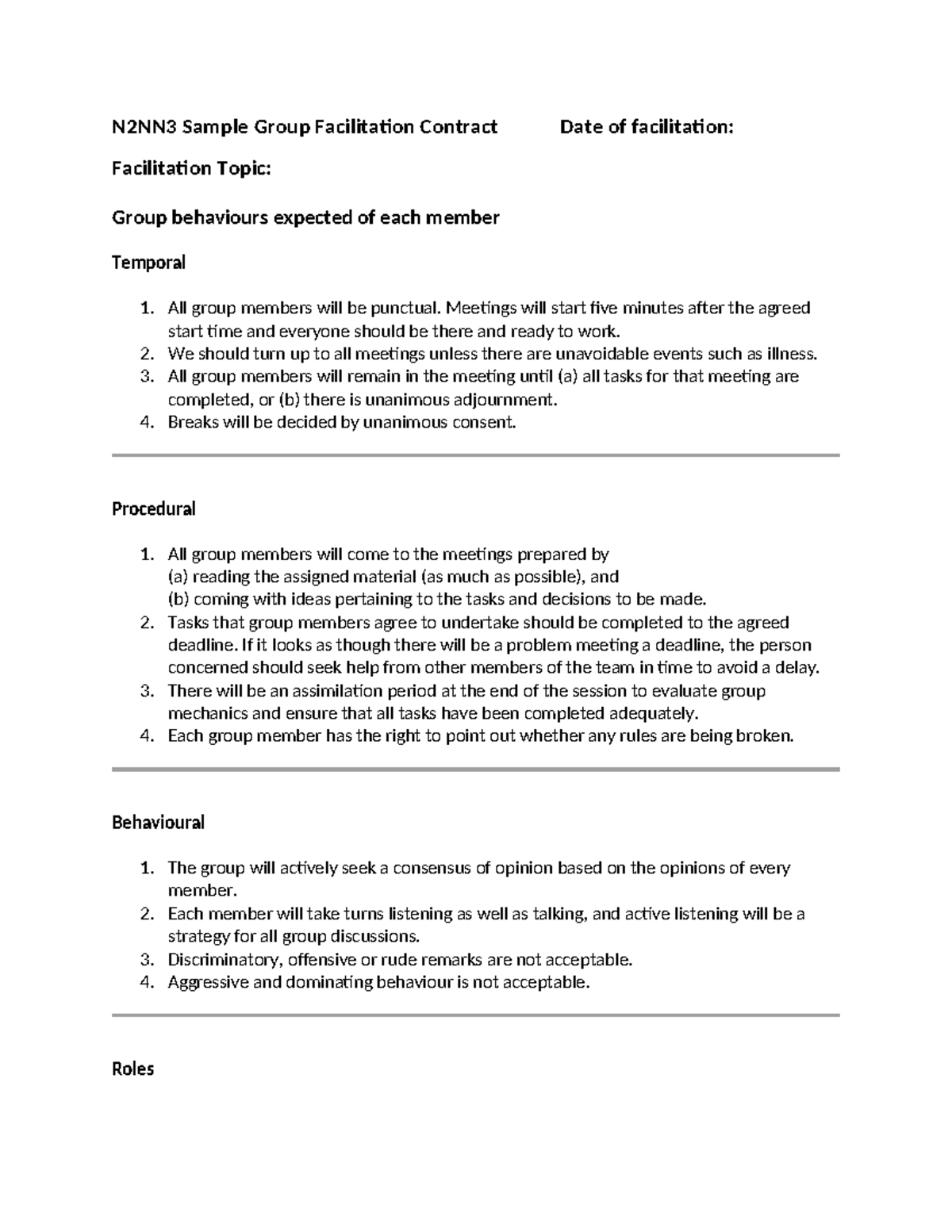 N2NN3 Group Facilitation Contract: Behaviors and Expectations Guide ...