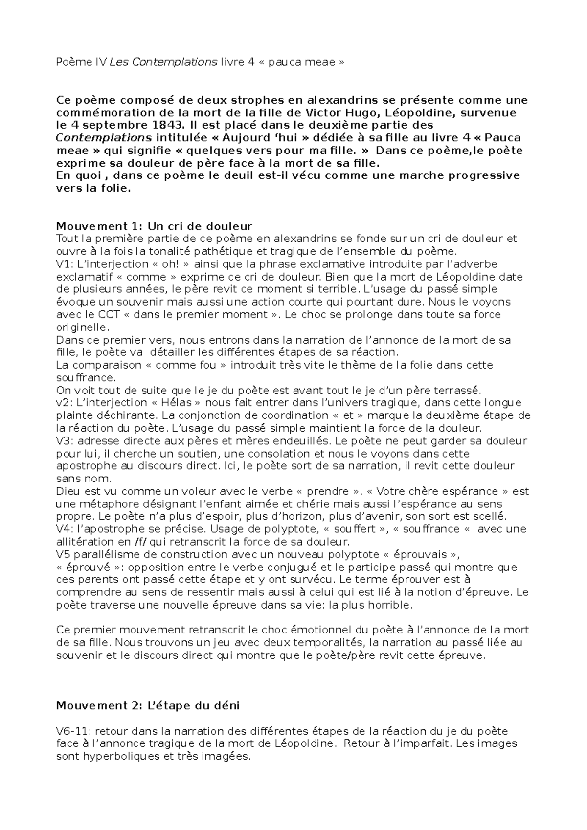 Analyse Linéaire des Textes 5 et 6 : Hugo et Eluard en Deuil - Studocu