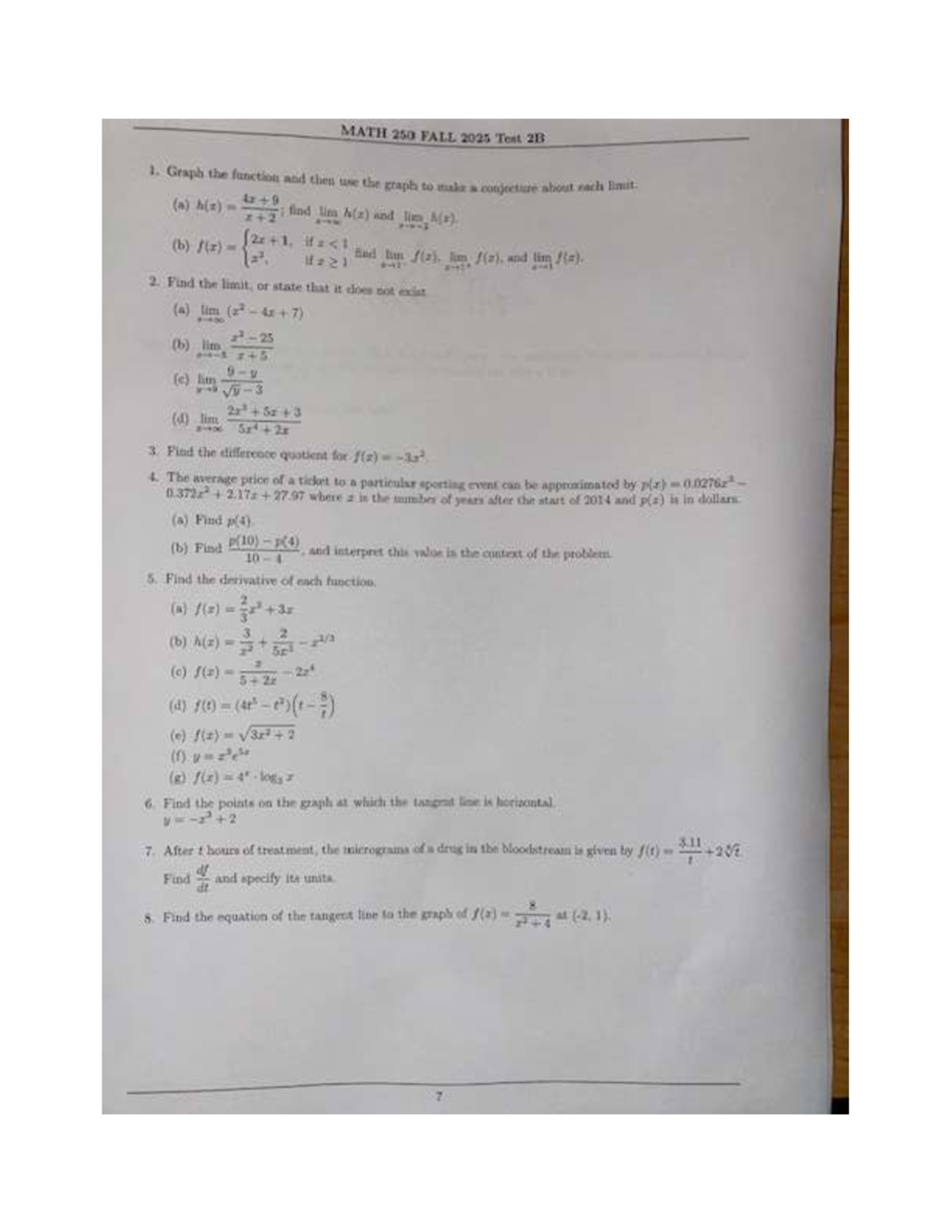 MATH 250 FALL 2025 Test 2B: Limits, Derivatives, and Tangent Lines ...