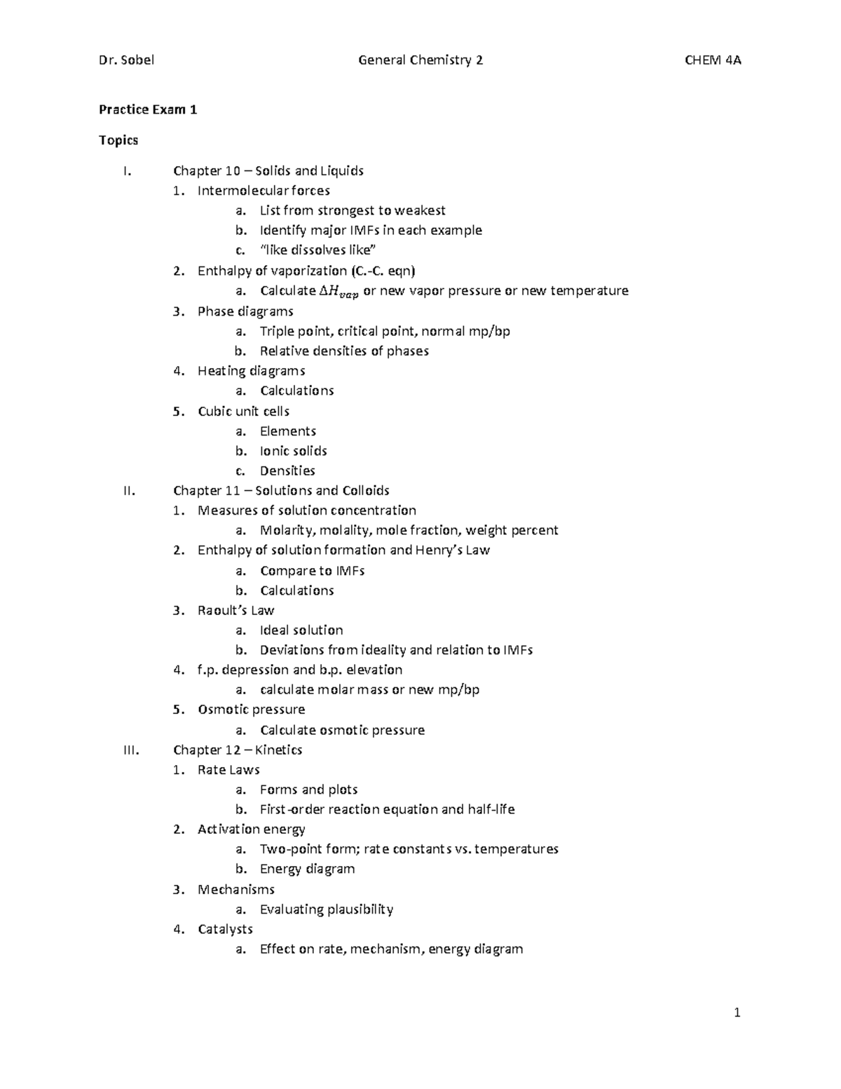 CHEM 4A Practice Exam 1 Answer Key - Practice Exam 1 Topics I. Chapter ...