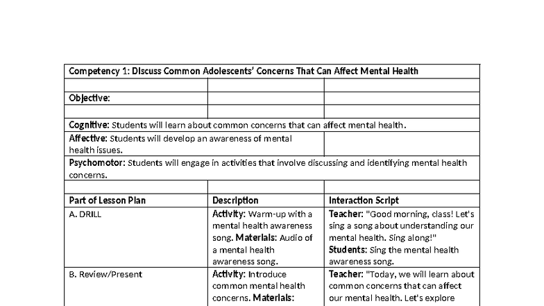 DLP 1: Lesson Plan on Common Mental Health Concerns in MAPEH - Studocu