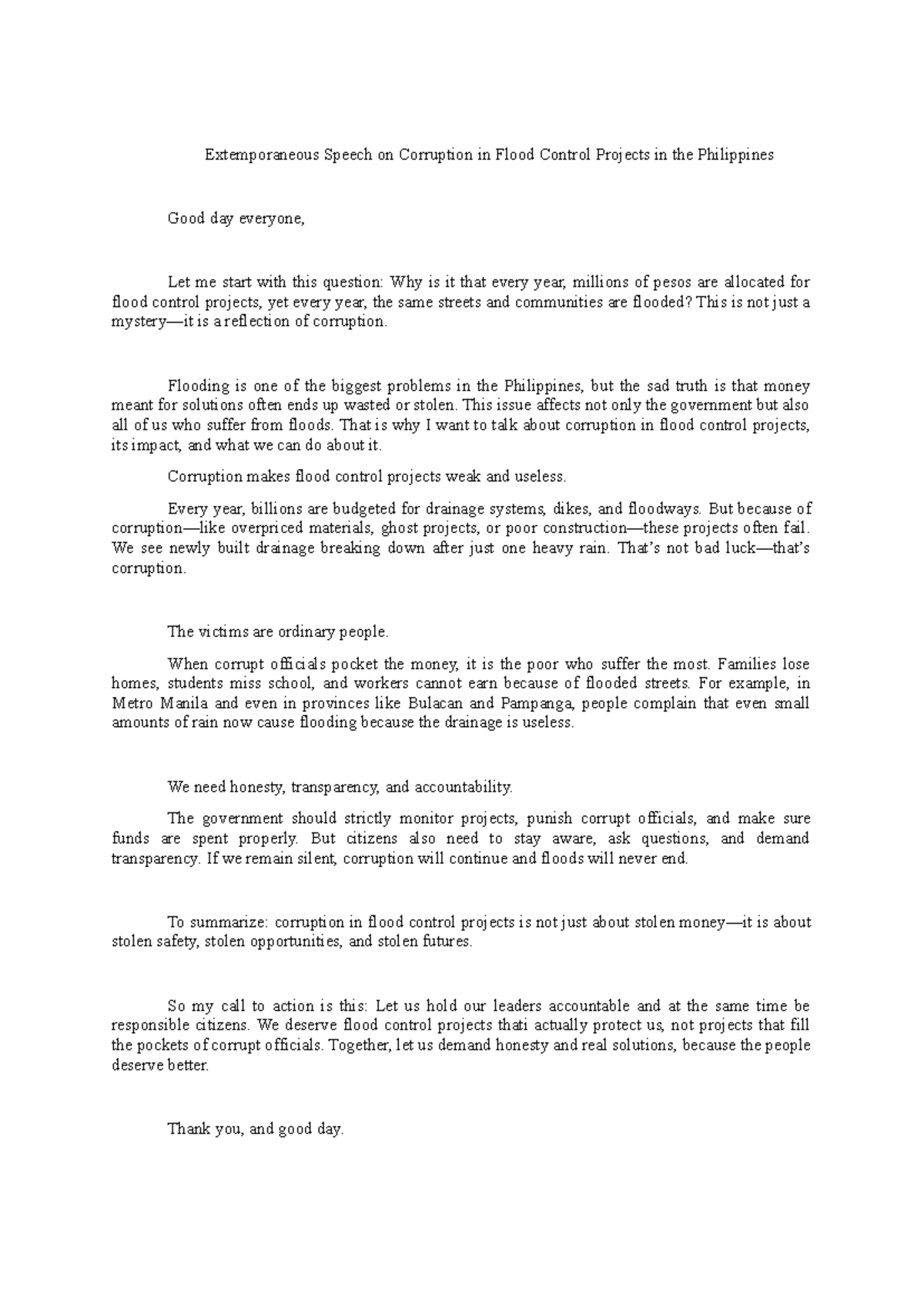 Extemporaneous Speech: Corruption in Flood Control Projects - Studocu