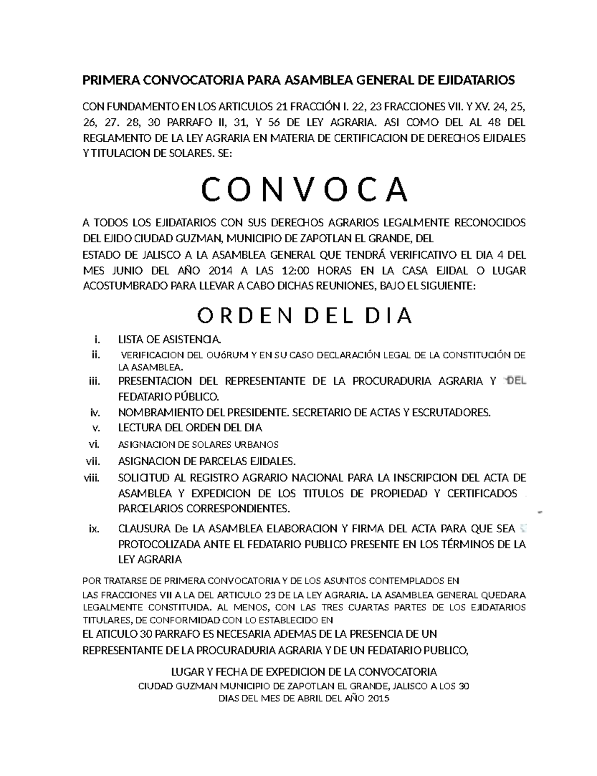 Resumen de la Asamblea General de Ejidatarios - Derecho Agrario - Studocu