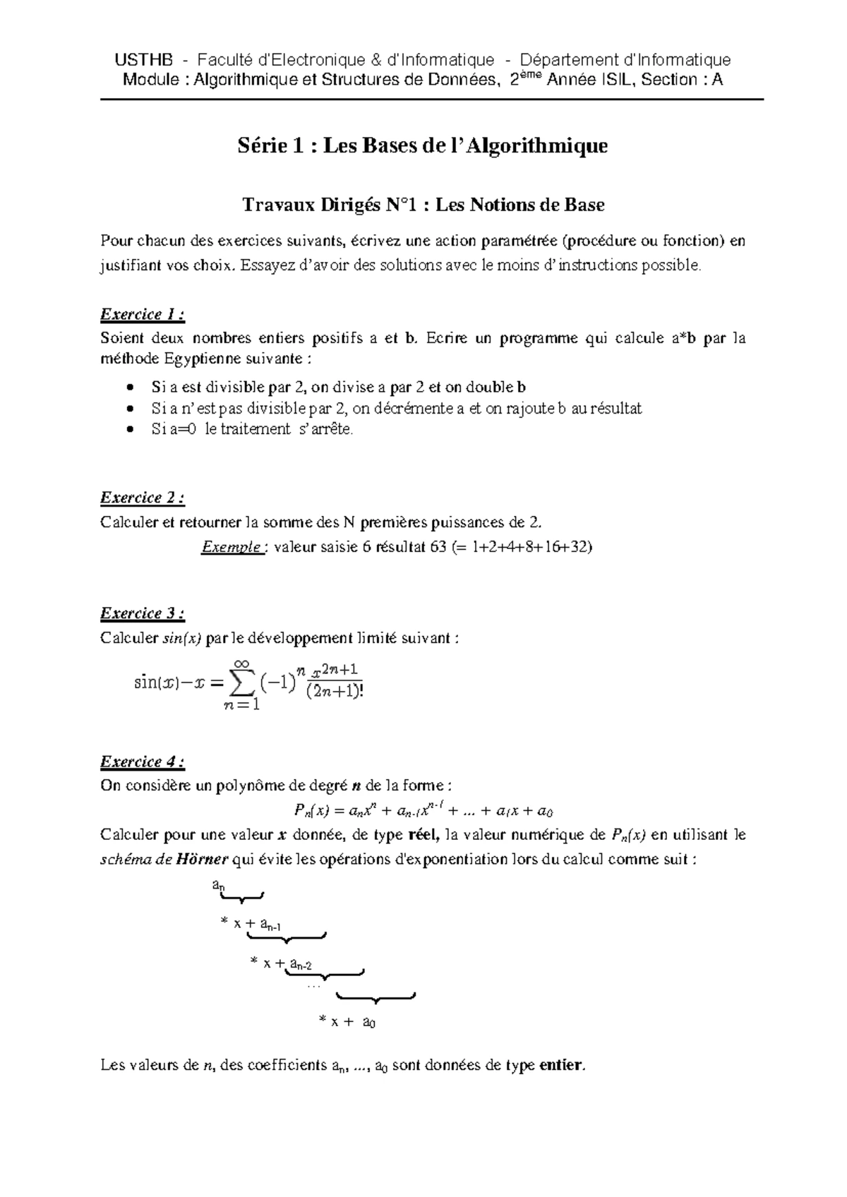 Examen ALGO L1 s1 - Module : Algorithmique 2 Semestre : S2 Durée : 1h00mn Corrigé d’Examen Final ...