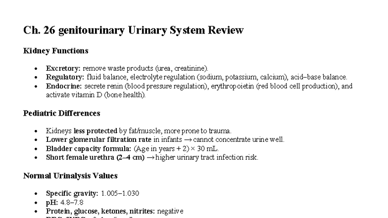 Ch. 26 Genitourinary System Review: Kidney Functions & Pediatric ...