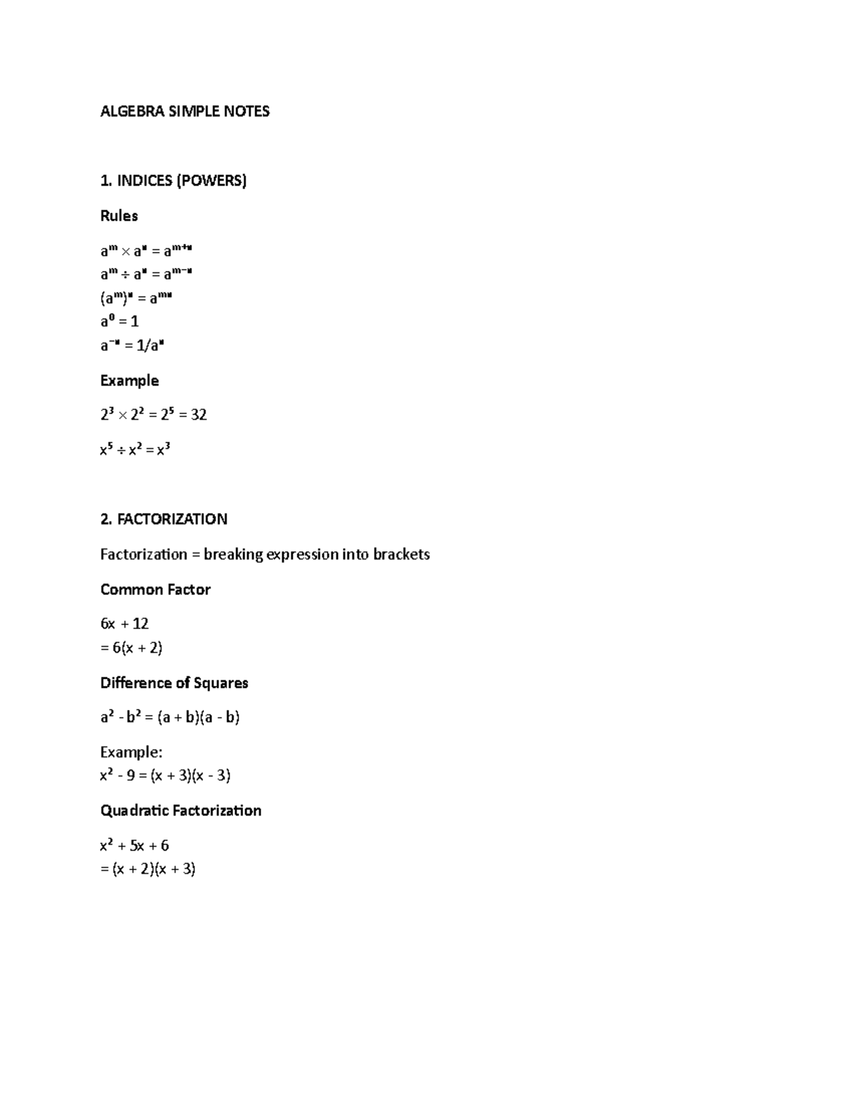ALGEBRA SIMPLE NOTES: INDICES, FACTORIZATION & EQUATIONS - Studocu