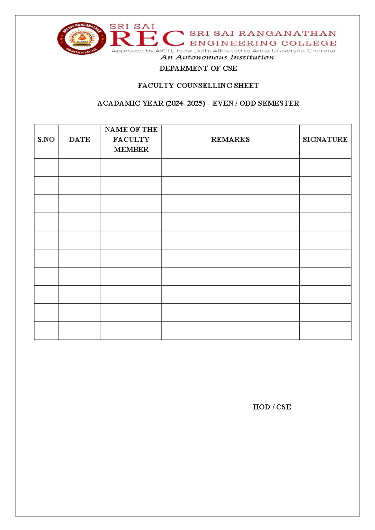 Student Counsellig File - DEPARMENT OF CSE FACULTY COUNSELLING SHEET ...