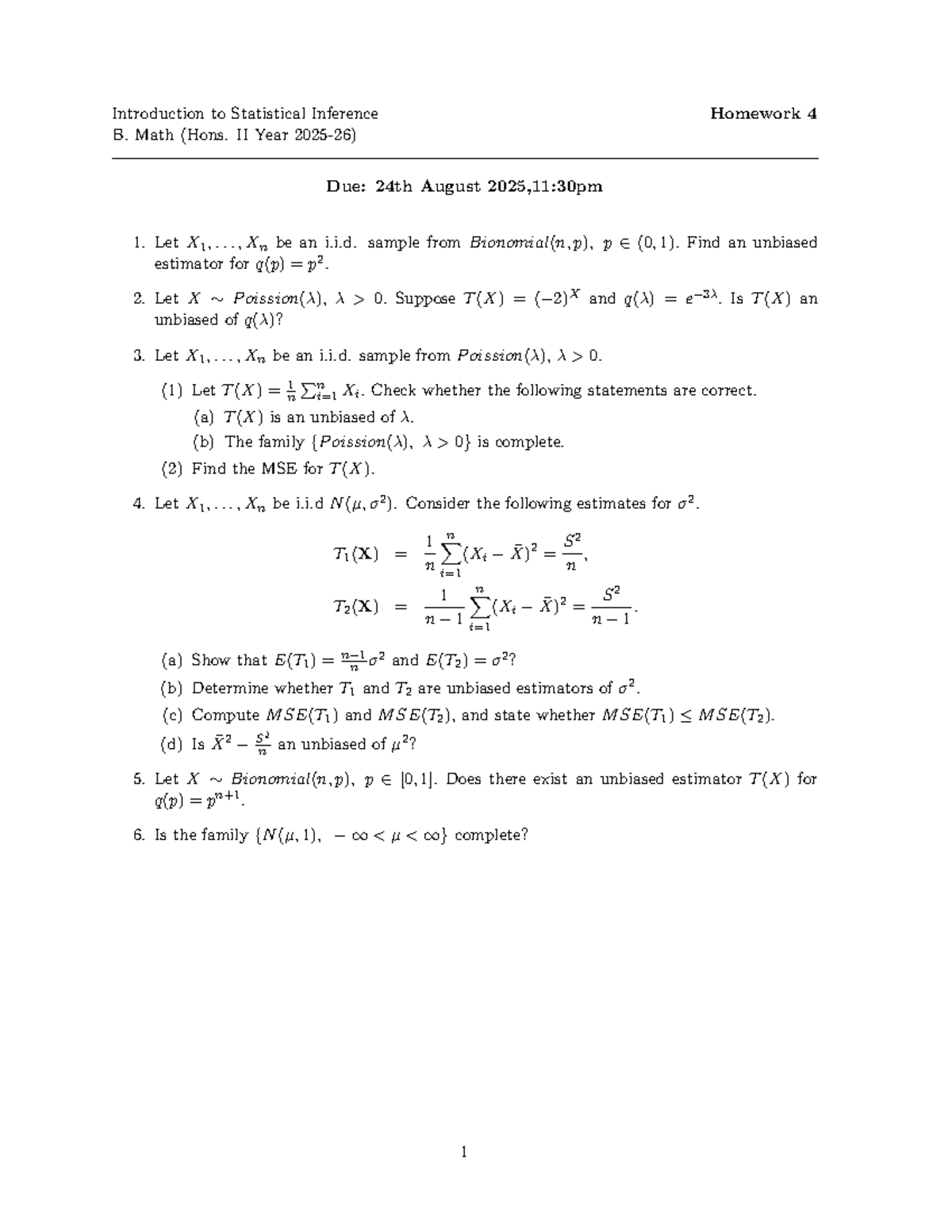 SI Math (Hons. II Year) Homework 4: Statistical Inference Problems ...