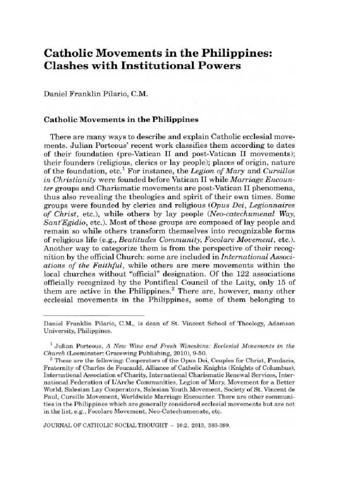 Catholic Movements in the Philippines: A Study of Their Impact and ...