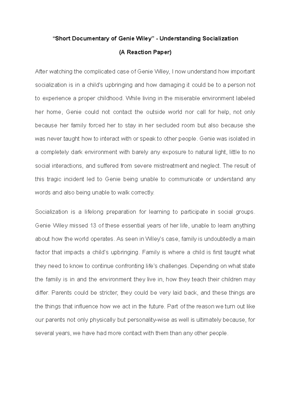 Socialization Insights: A Reaction Paper on Genie Wiley's Case - Studocu