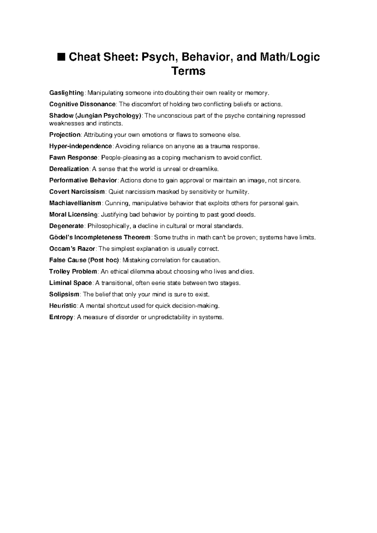 Psych 101: Cheat Sheet on Key Psychological Terms and Concepts - Studocu
