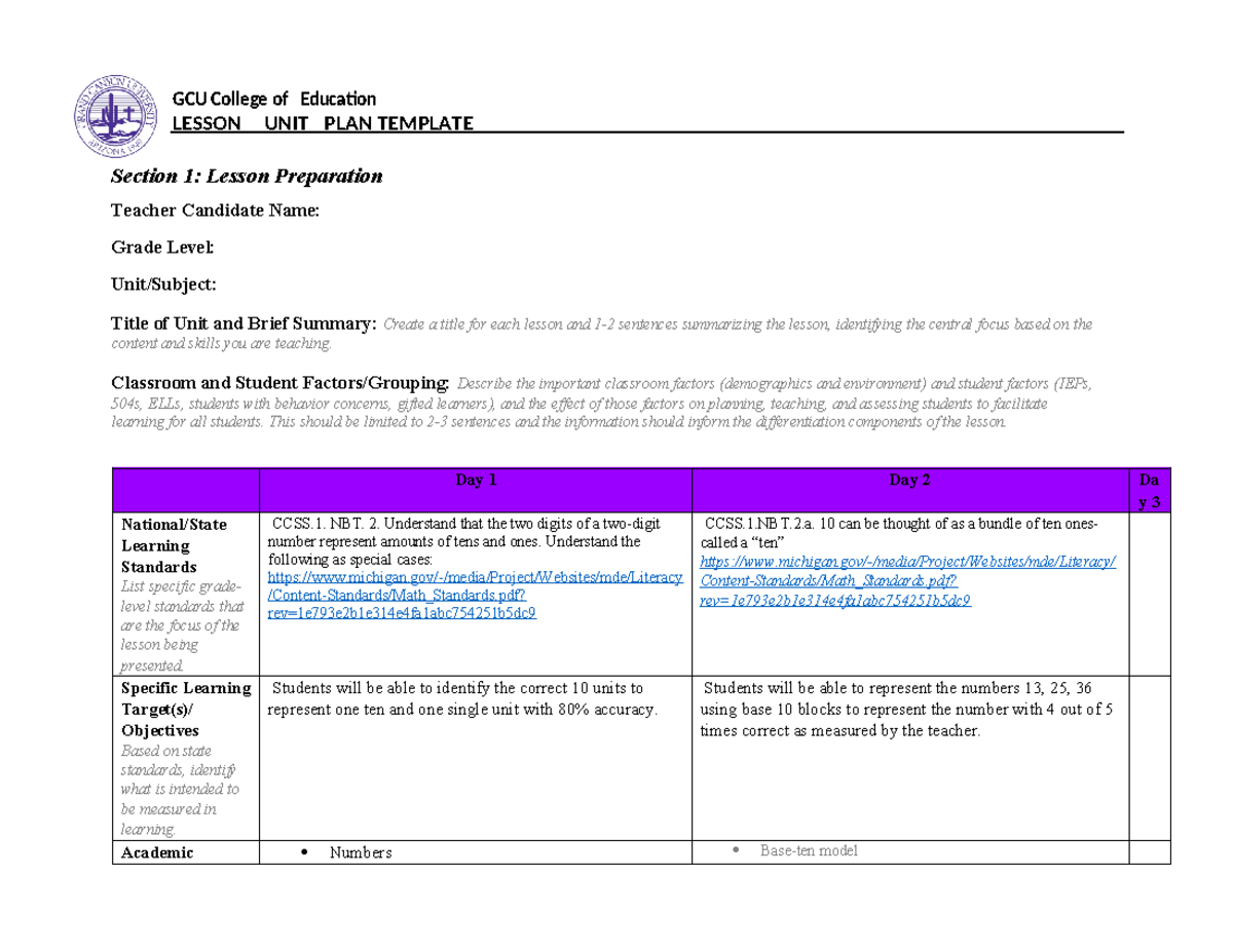 3-day lesson plan on base 10 units - Section 1: Lesson Preparation ...