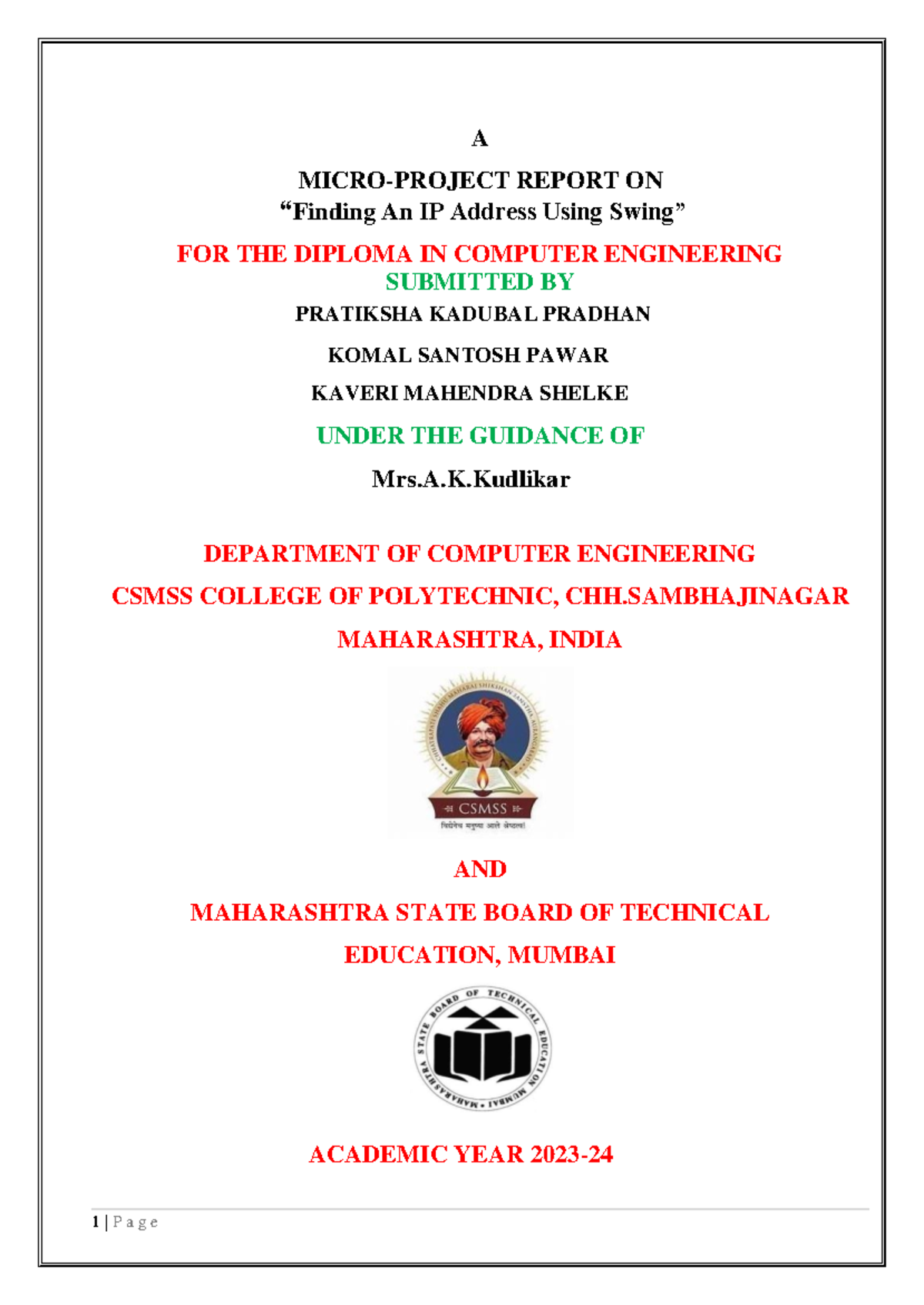 JAVA MICRO PROJECT - A MICRO-PROJECT REPORT ON “Finding An IP Address Using Swing” FOR THE ...