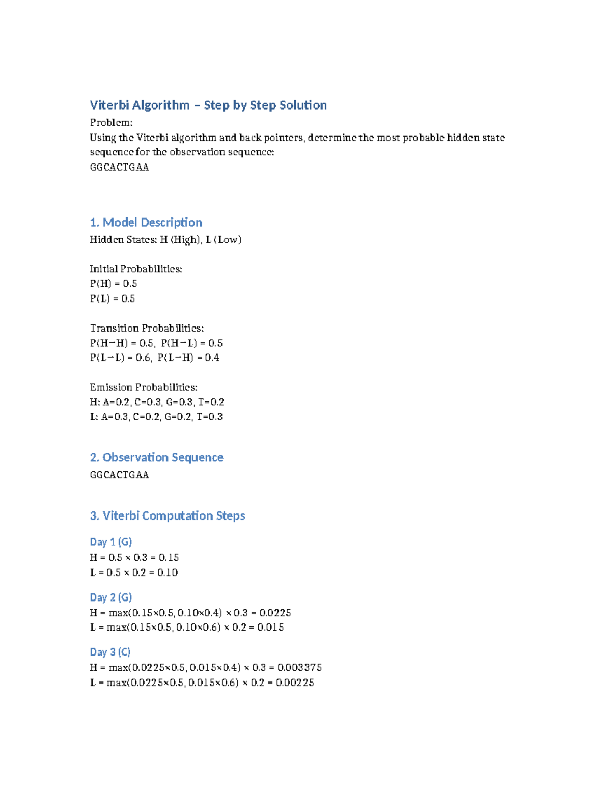 Viterbi Algorithm Steps for GGCACTGAA Sequence Analysis - Studocu