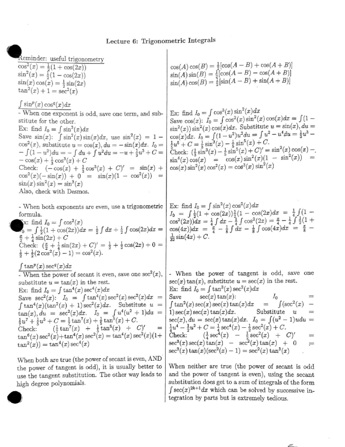 MAC2312 Trig. Integrals - Lecture 6: Trigonometric Integrals Reminder ...