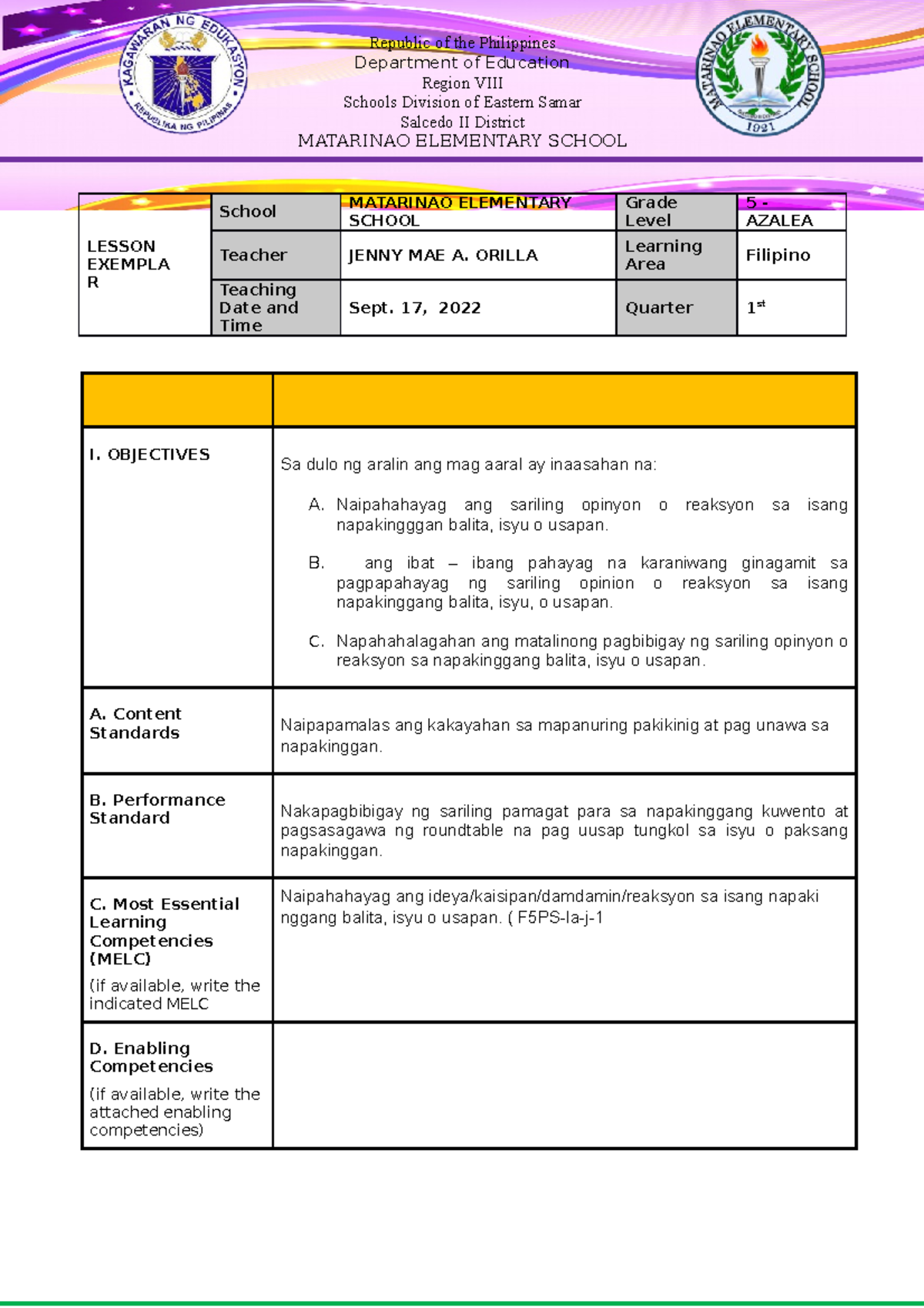 COT DLP FIL 5 Q1 - Lesson Plan for Classroom Interaction & Opinion ...