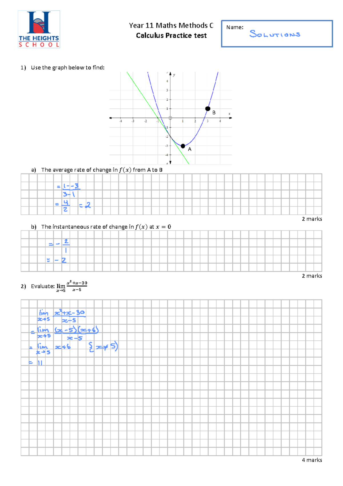 Year 11 Maths Methods C: Calculus Practice Test Solutions - Studocu