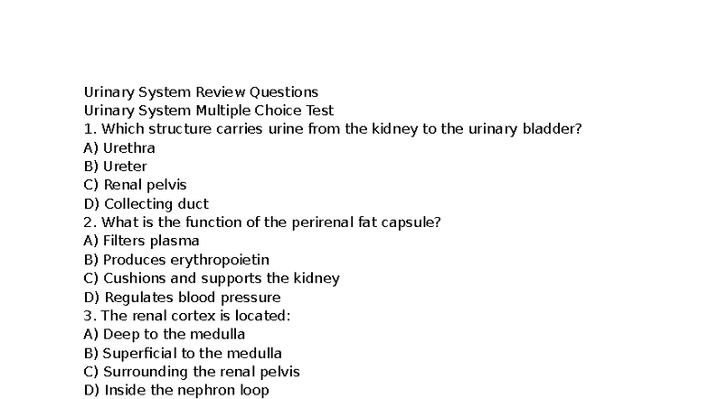 Urinary System MCQ Review: Key Concepts and Answers - Studocu