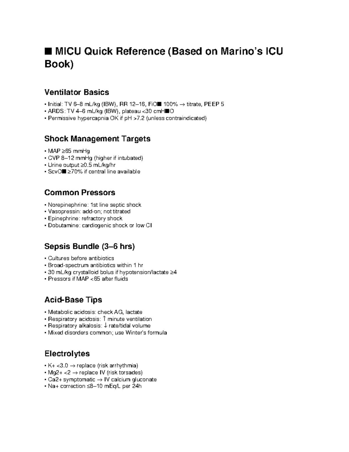 MICU Quick Reference: Ventilator & Shock Management Essentials - Studocu