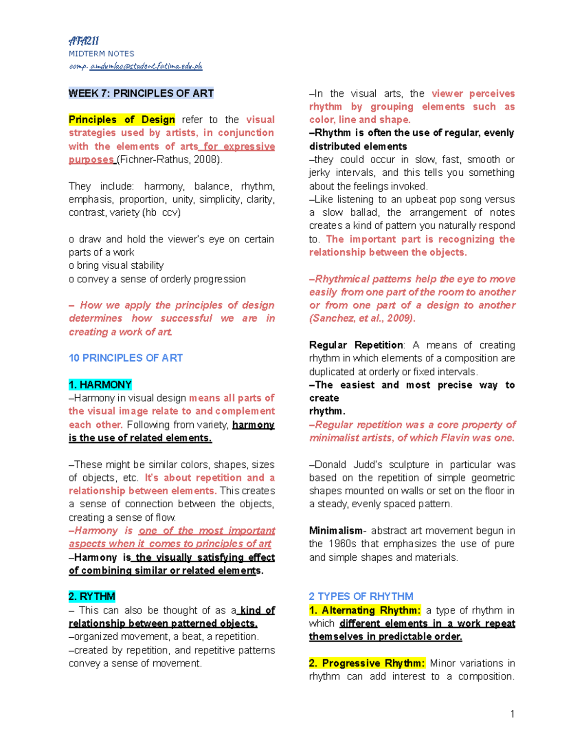 ARTA211- Mtnotes - Arta notes - MIDTERM NOTES co . am l o@s u n .fa .ed ...