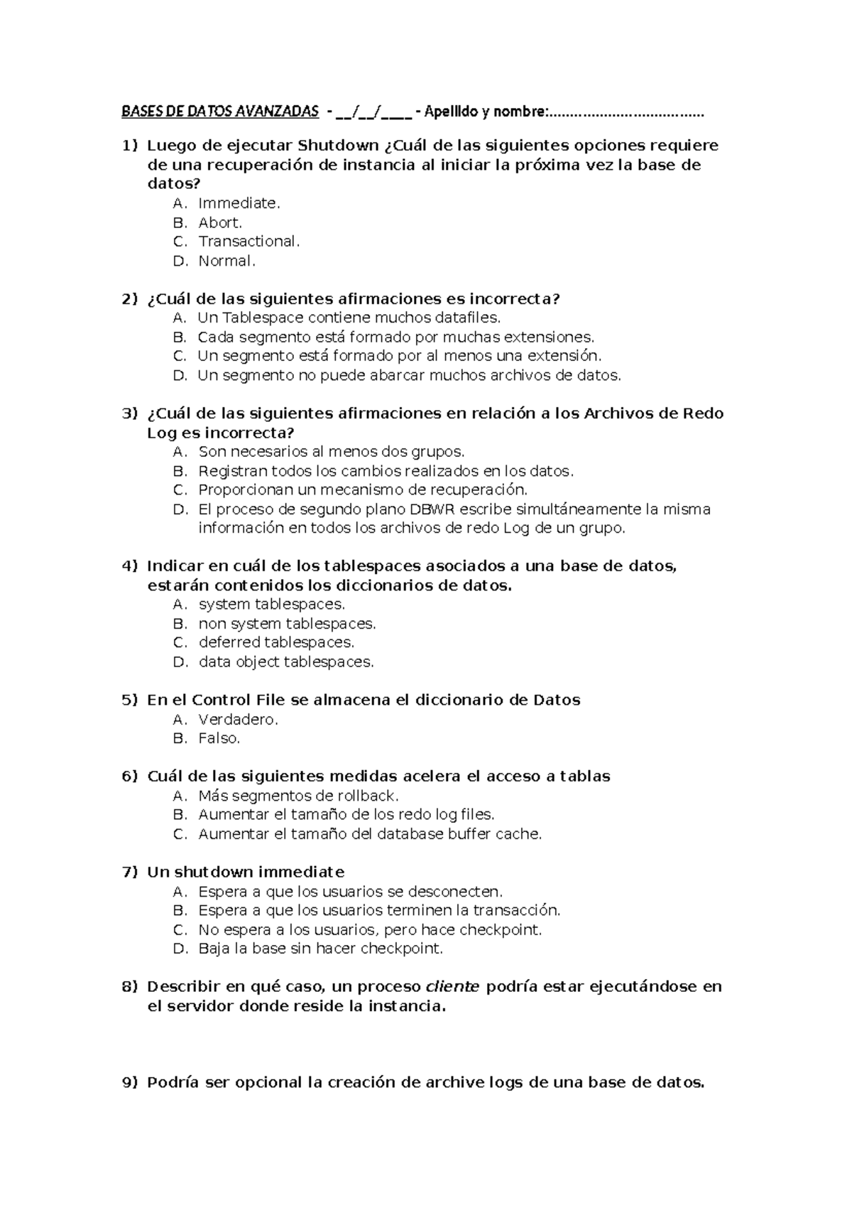 BASES DE DATOS AVANZADAS - Preguntas de Repaso para Examen - Studocu