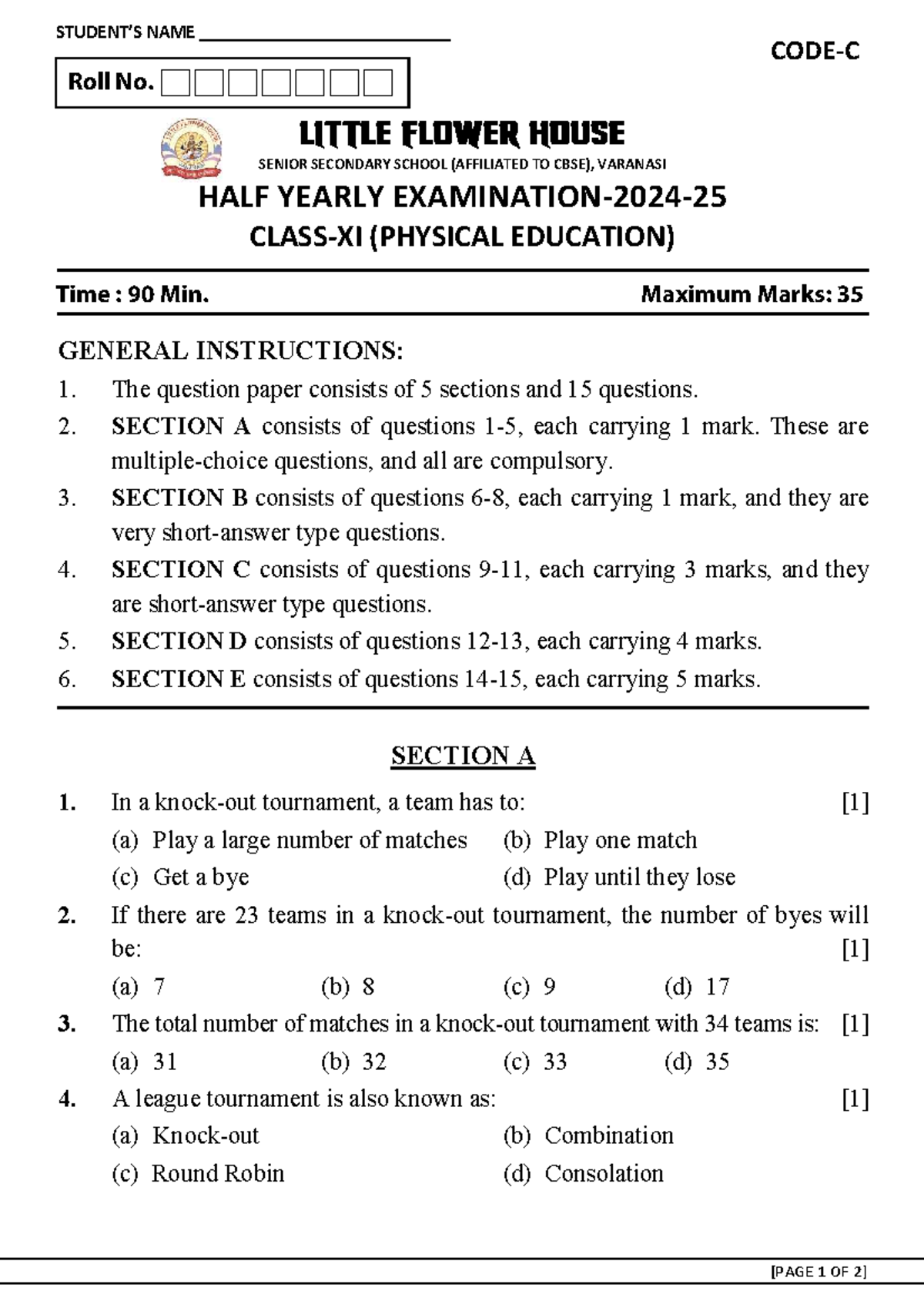 Class XI Physical Education Half Yearly Exam Paper (30 Marks) - Studocu