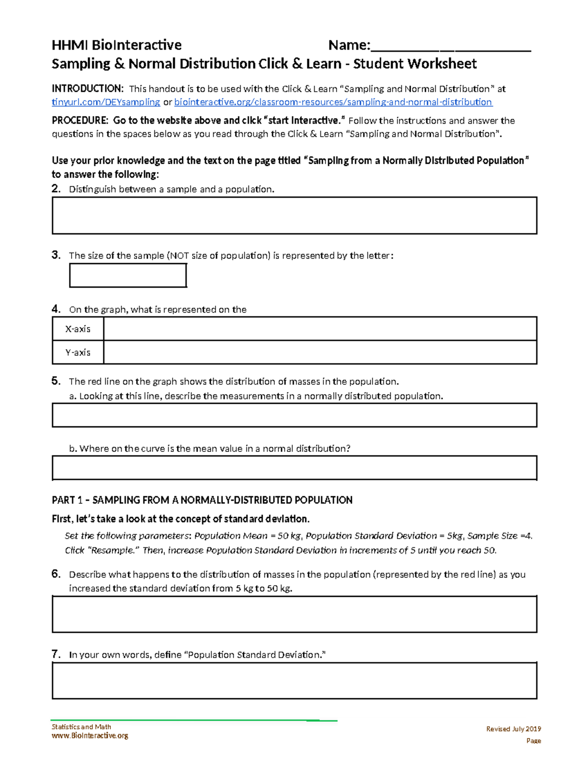 Sampling & Normal Distribution Worksheet - HHMI BioInteractive - Studocu