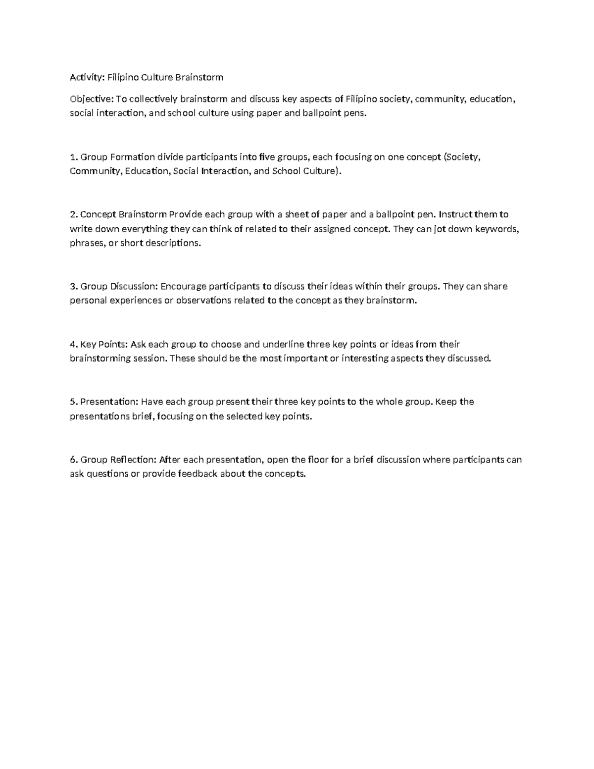 Activity: Filipino Culture Brainstorm Session Outline & Key Points ...