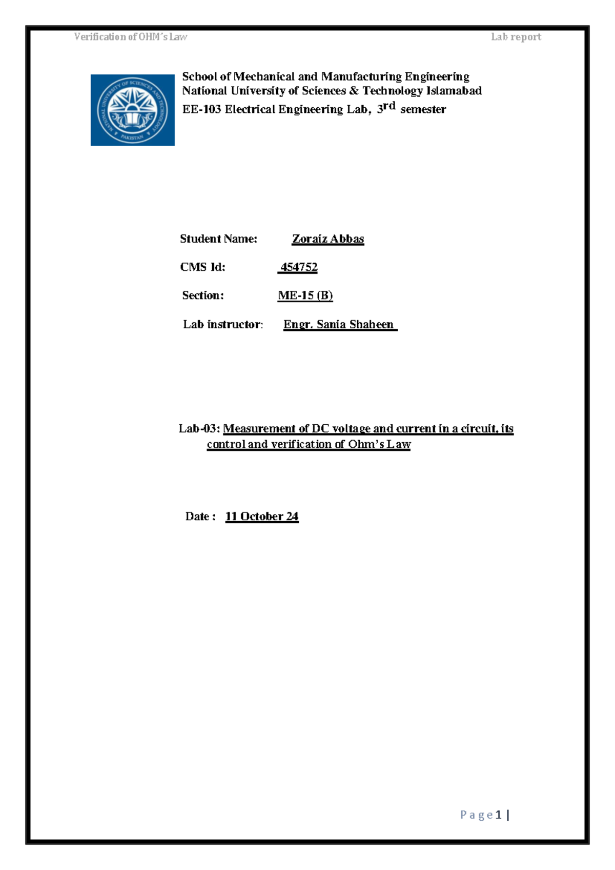 EE Lab Report 3: Verification of Ohm's Law in DC Circuits - Studocu