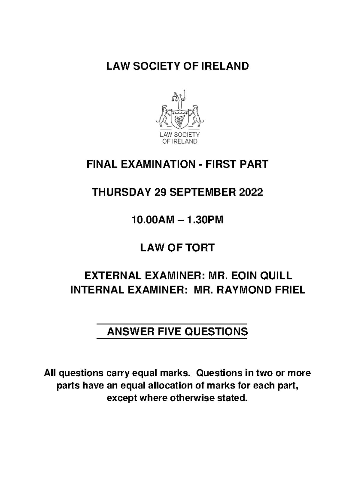 FE1 TORT 2022 09 SEP - Final Exam Past Paper Questions & Advice - Studocu