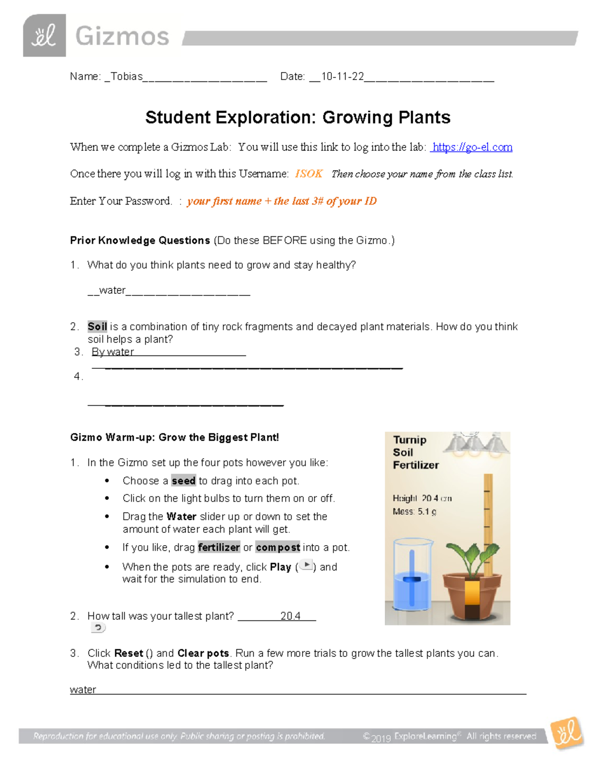 Growing Plants Lab Report: Gizmos 7 Science Activities - Studocu