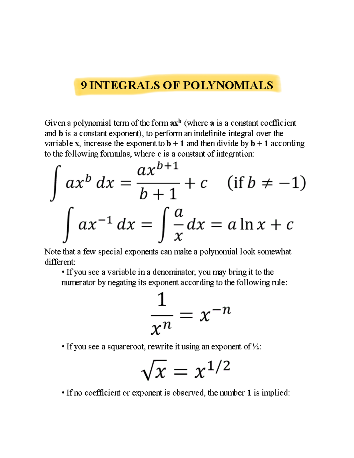 Integral Calculus - Chapter 9: Indefinite Integrals of Polynomials ...